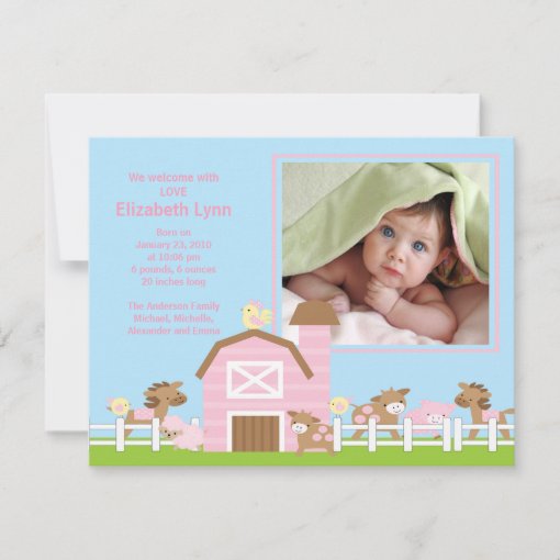 Farm Animal Baby Girl Birth Photo Announcement | Zazzle