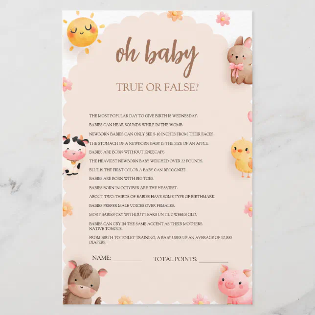 Farm Animal Baby Shower Game True or False | Zazzle