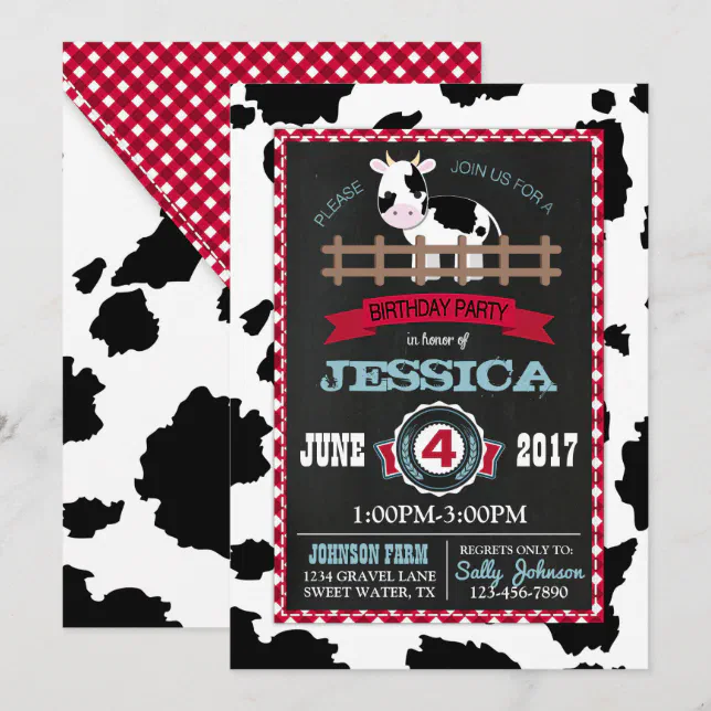 Farm Animal Cow Cowhide Gingham Country Birthday Invitation | Zazzle