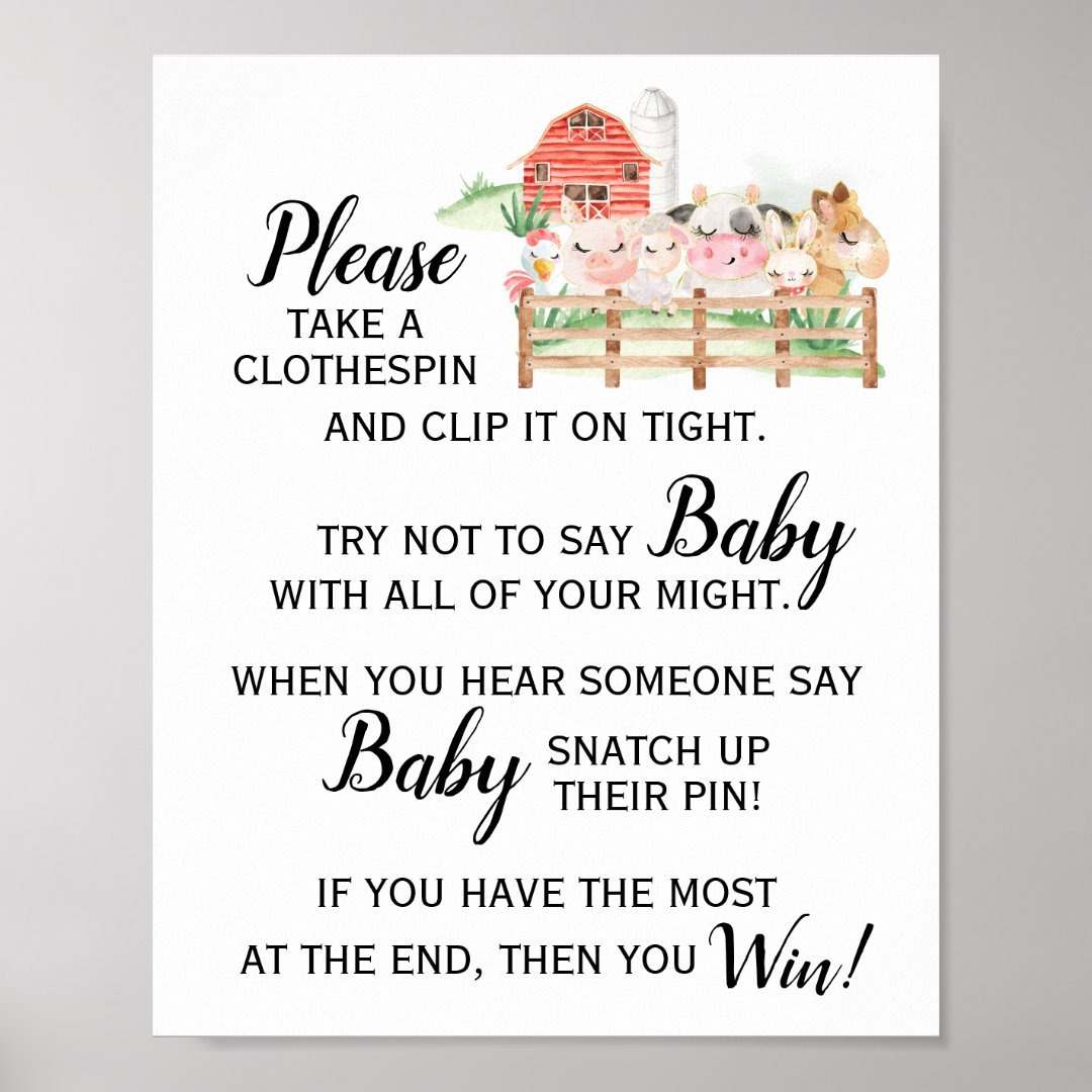 Farm Animal Don't Say Baby Game Baby Shower Sign | Zazzle