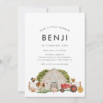 Farm Animal Kids Farmer 1st Birthday Party Invitation | Zazzle