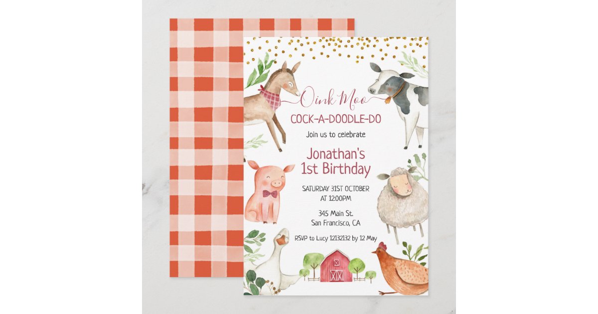Farm Animal Oink Moo Cockadoodle Doo Birthday Invitation | Zazzle
