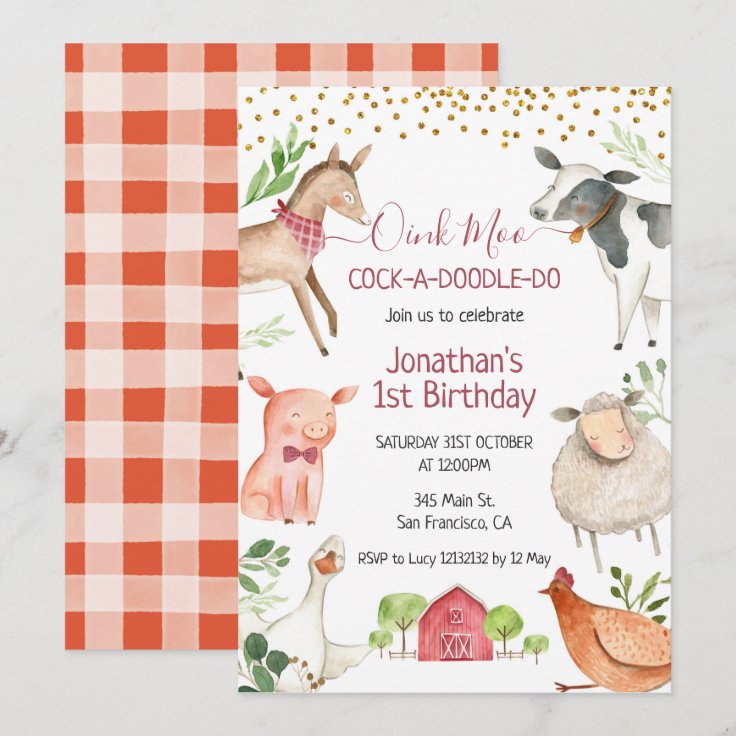 Farm Animal Oink Moo Cockadoodle Doo Birthday Invitation | Zazzle