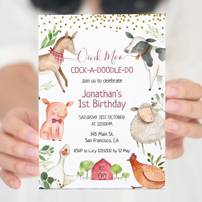 Farm Animal Oink Moo Cockadoodle Doo Birthday Invitation | Zazzle
