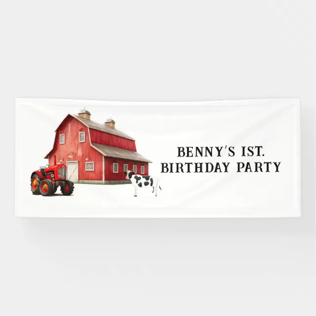 Farm Animal Red Barn Tractor 1st. Birthday Party Banner | Zazzle
