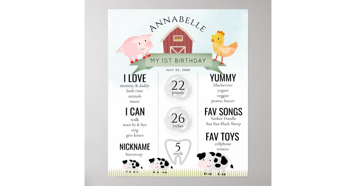 Farm Animals1st Birthday Milestone Poster | Zazzle