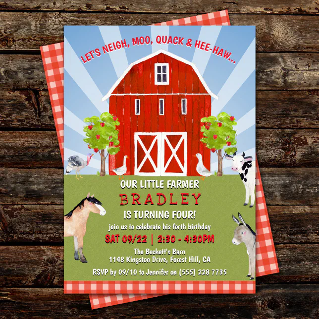 Farm Animals 4th Birthday Invitation | Zazzle