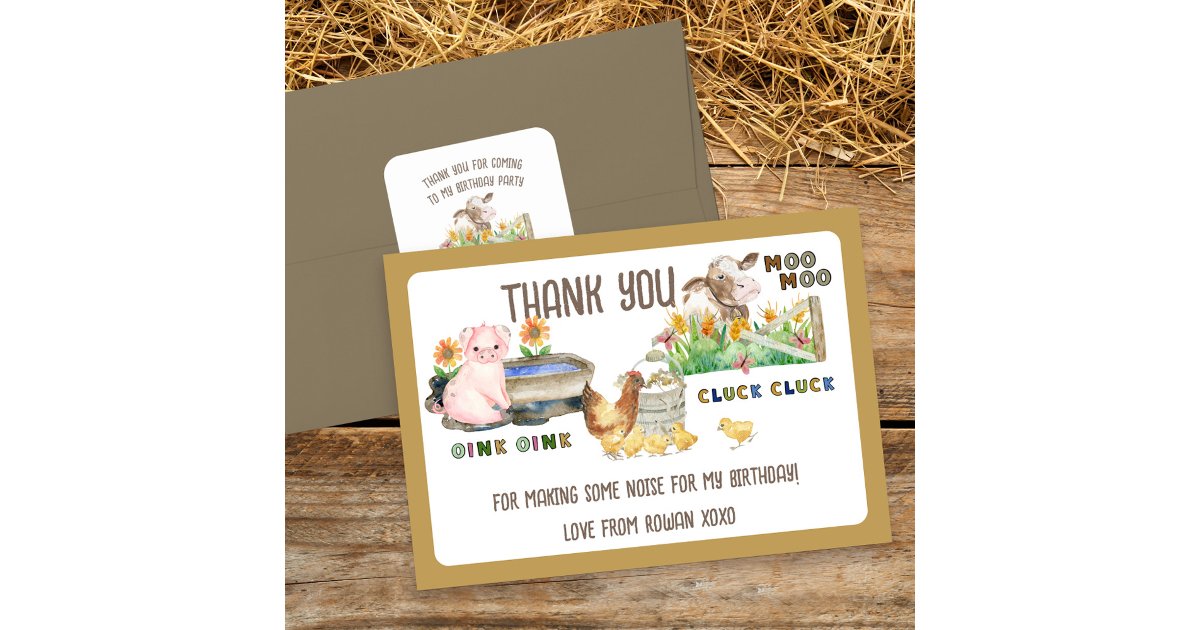 Farm Animals and Noises Kids Birthday Thank You Card | Zazzle