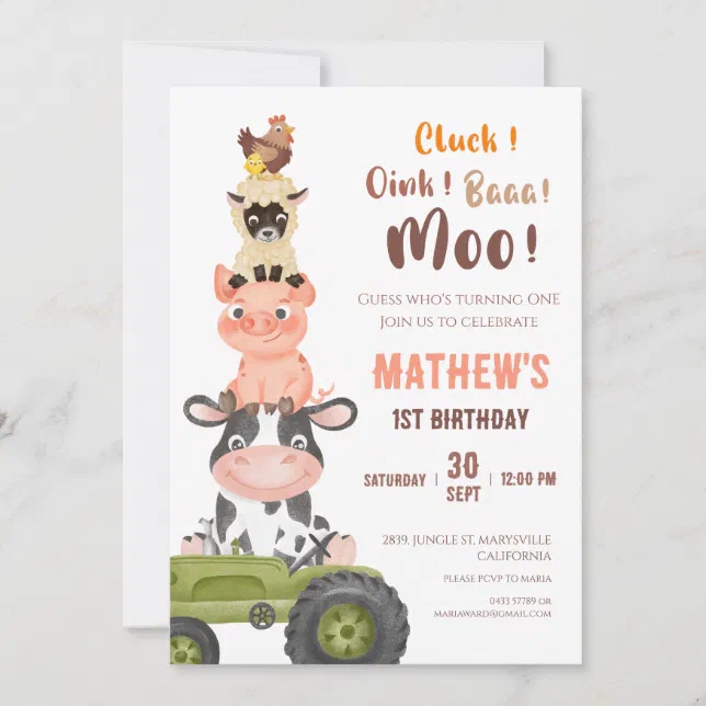 Farm animals Baa Moo Holy Cow 1st 2nd Birthday Invitation | Zazzle