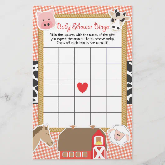 Farm Animals Baby Shower Bingo Game | Zazzle