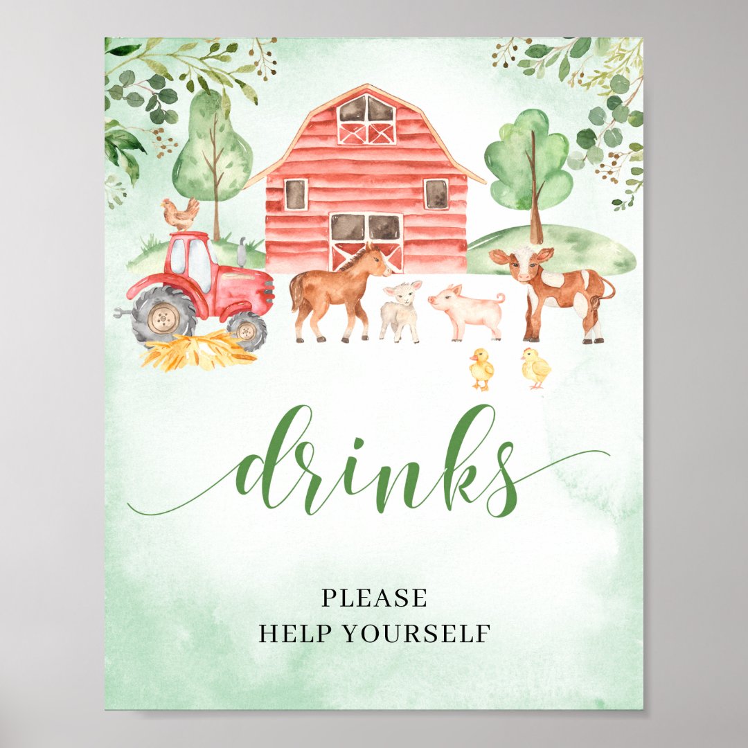 Farm animals baby shower drinks decoration sign | Zazzle