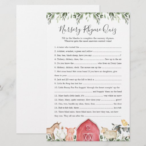 Farm Animals Baby Shower Nursery Rhyme Quiz Game | Zazzle