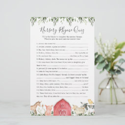 Farm Animals Baby Shower Nursery Rhyme Quiz Game | Zazzle