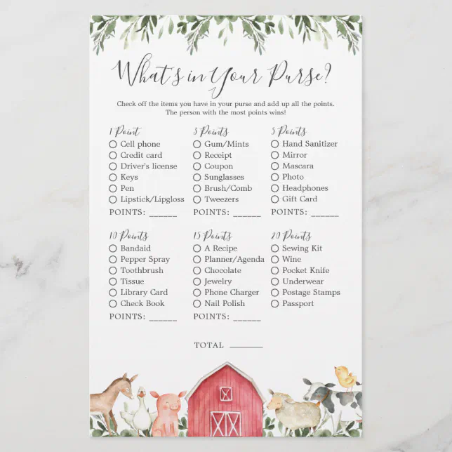 Farm Animals Baby Shower What's in Your Purse | Zazzle