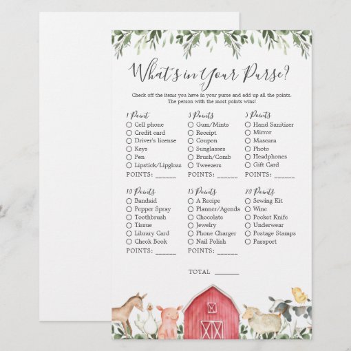 Farm Animals Baby Shower What's in Your Purse | Zazzle