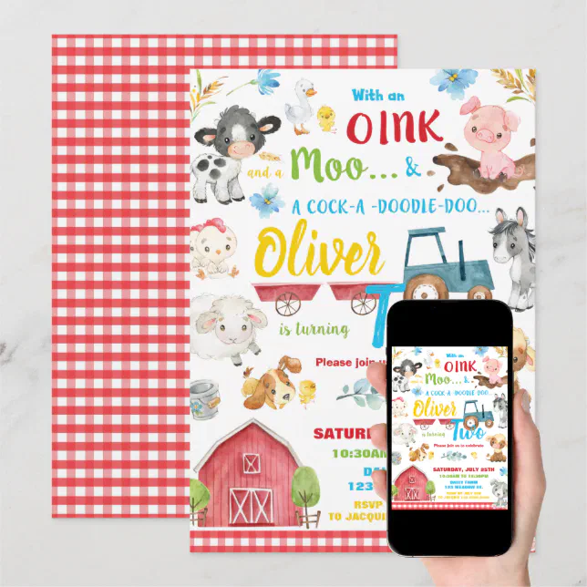 Farm Animals Barnyard 2nd Birthday Turning Two Invitation | Zazzle