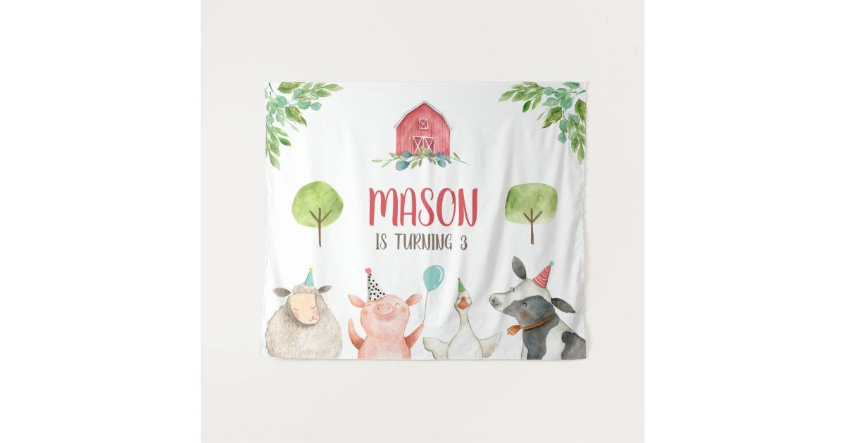 Farm Animals Barnyard Banner Boy Red Birthday Tapestry | Zazzle