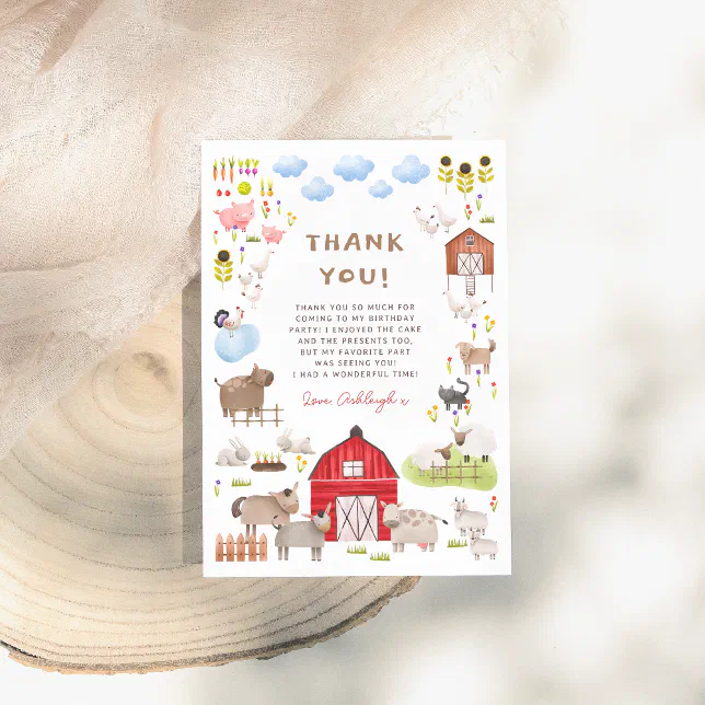 Farm Animals Barnyard Bash Birthday Party Thank You Card | Zazzle