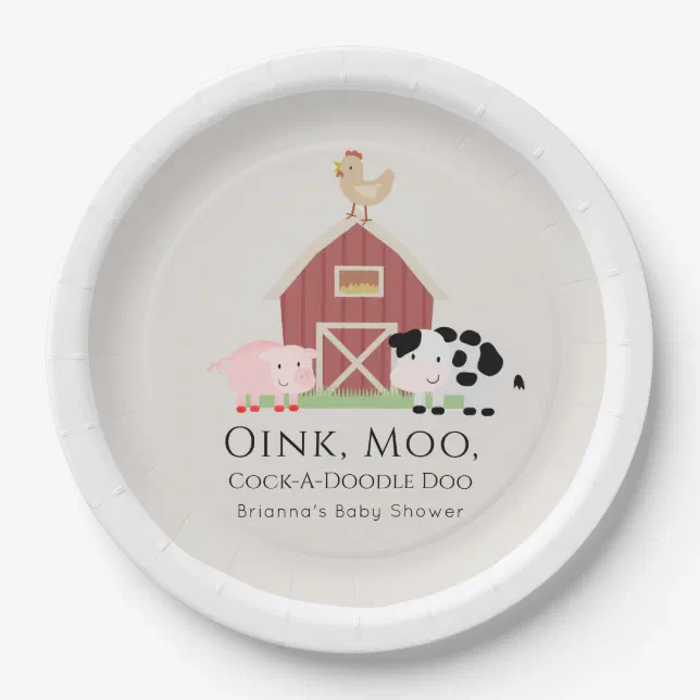 Farm Animals Barnyard Beige Baby Shower Paper Plates | Zazzle