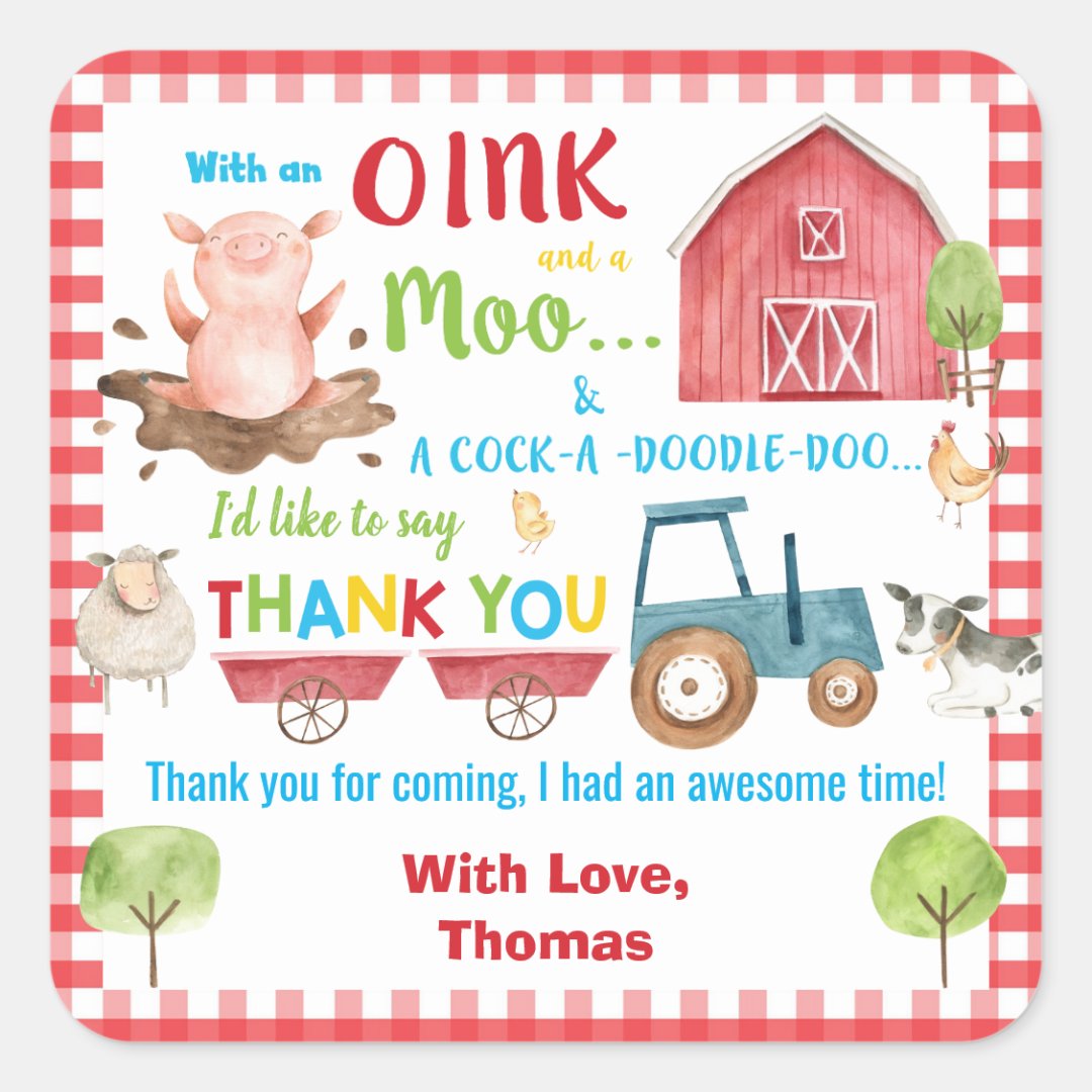 Farm Animals Barnyard Birthday Thank You Favor Square Sticker | Zazzle