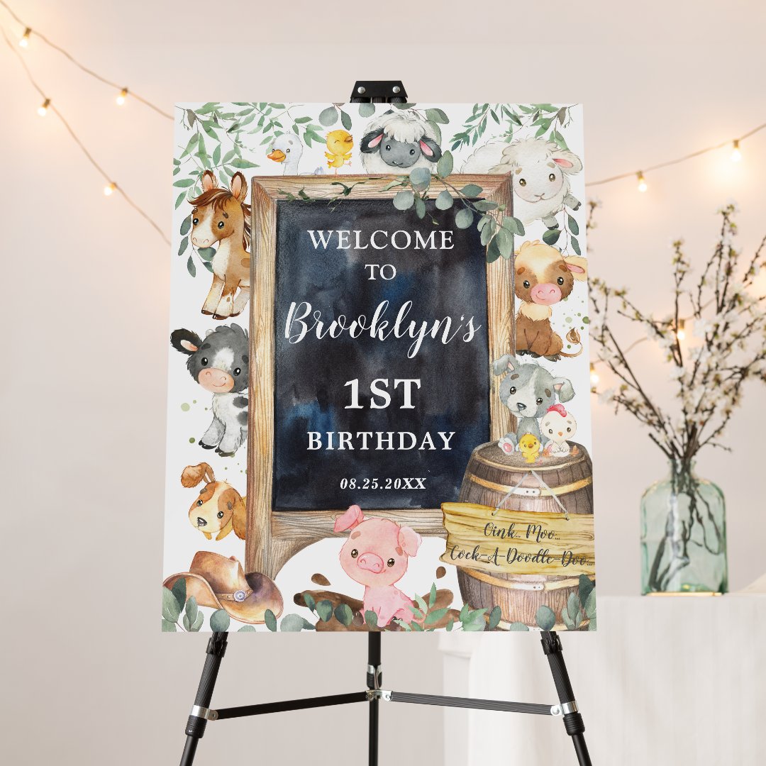 Farm Animals Barnyard Greenery Birthday Welcome Foam Board | Zazzle