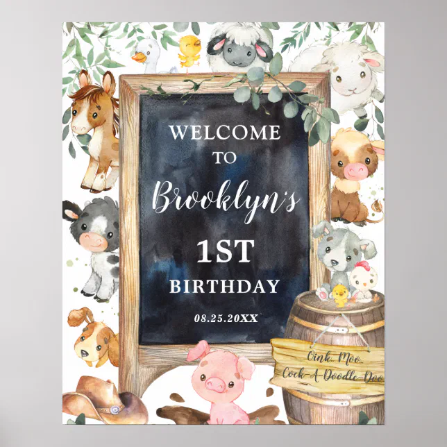 Farm Animals Barnyard Greenery Birthday Welcome Poster | Zazzle