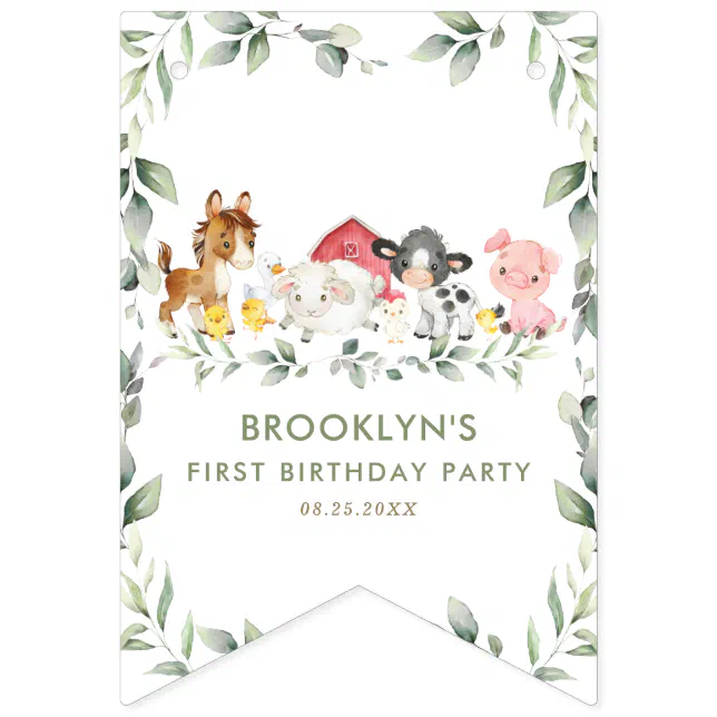 Farm Animals Barnyard Greenery Happy Birthday Bunting Flags | Zazzle