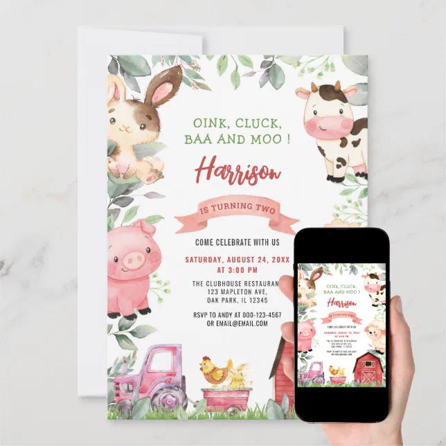 Farm Animals Barnyard Oink Baa Moo Birthday Invitation | Zazzle