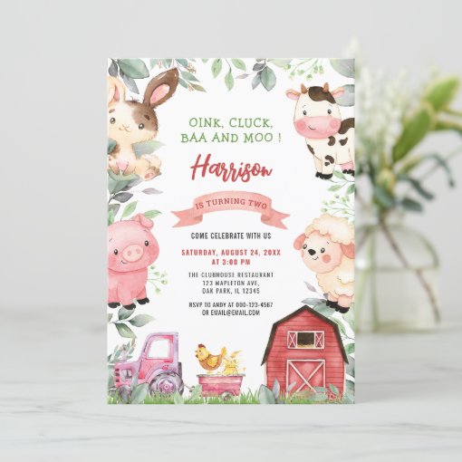 Farm Animals Barnyard Oink Baa Moo Birthday Invitation | Zazzle