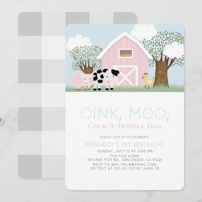 Farm Animals Barnyard Pink Barn 1st Birthday Invit Invitation | Zazzle