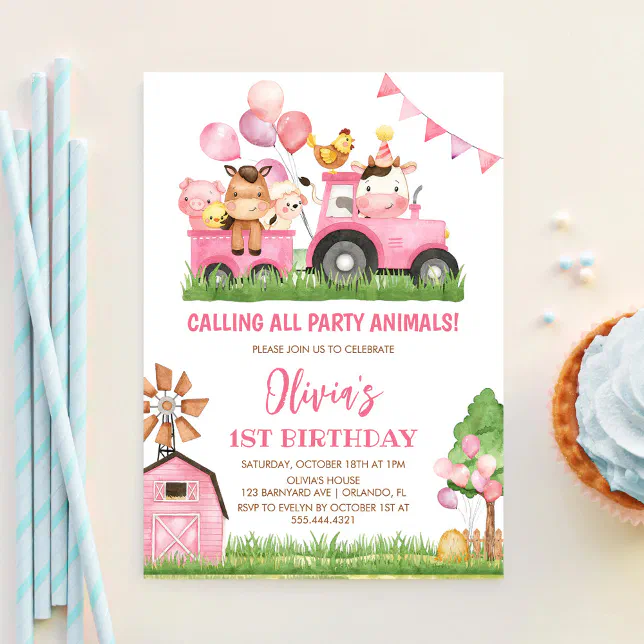 Farm Animals, Barnyard, Ranch Girls 1st Birthday Invitation | Zazzle
