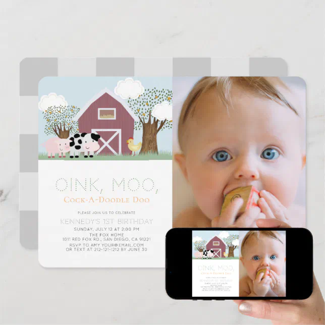 Farm Animals Barnyard Red Barn 1st Birthday Photo Invitation | Zazzle