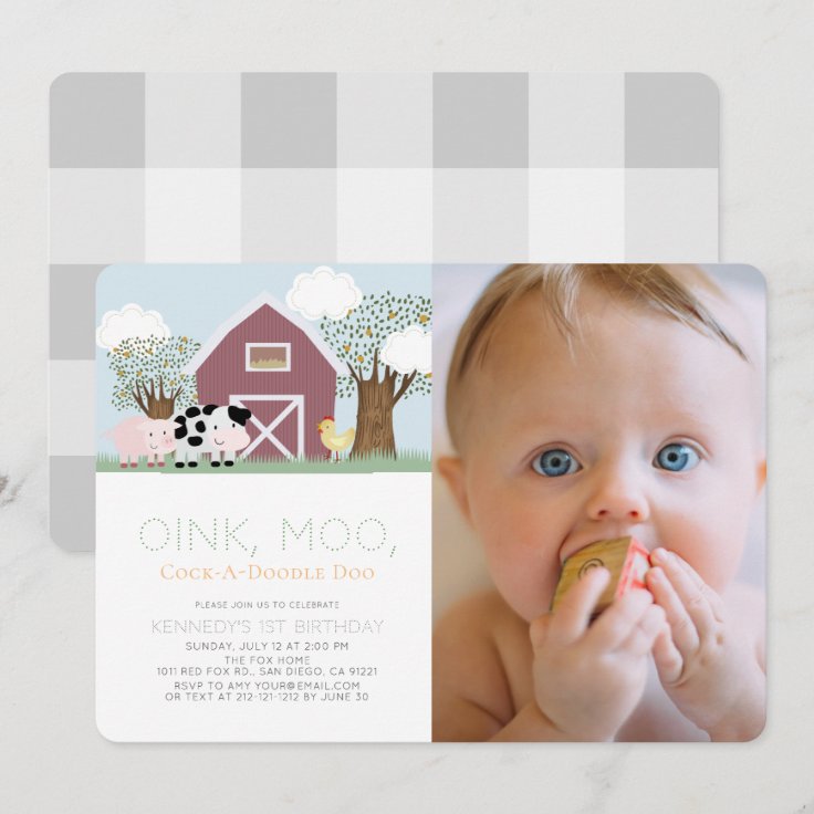 Farm Animals Barnyard Red Barn 1st Birthday Photo Invitation | Zazzle