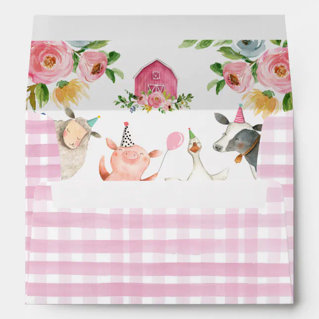 Farm Animals Barnyard Zoo Party Girl Pink Birthday Envelope | Zazzle