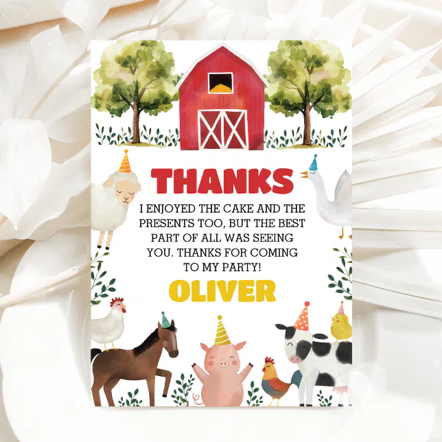 Farm Animals Boy Birthday Thank You Card | Zazzle