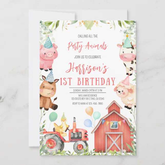 Farm Animals First Birthday Party Invitation | Zazzle