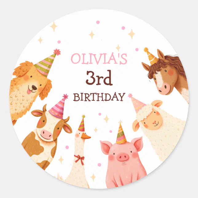 Farm Animals Girl Pink Gingham Barnyard Birthday Classic Round Sticker ...