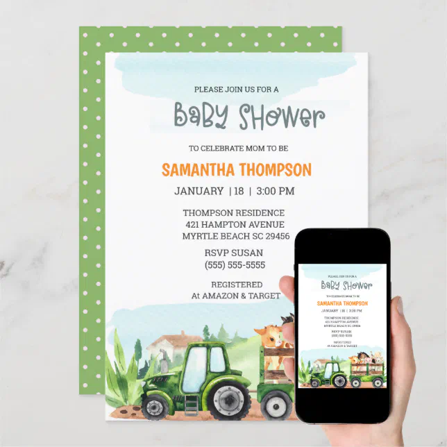 Farm Animals Green Tractor Baby Shower Invitation | Zazzle