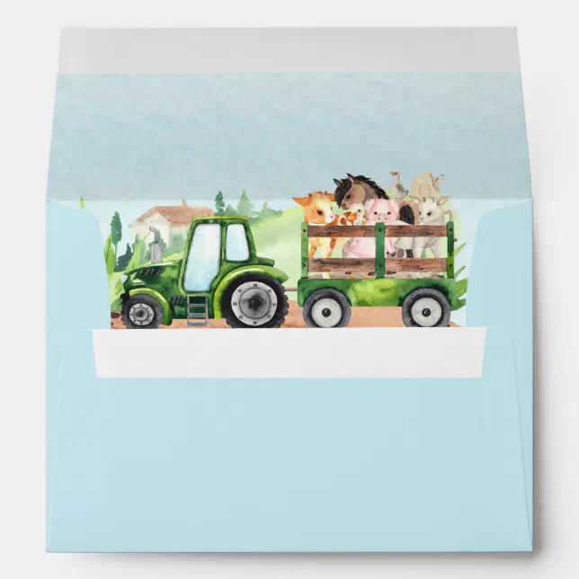 Farm Animals Green Tractor Boys Baby Shower Blue Envelope | Zazzle