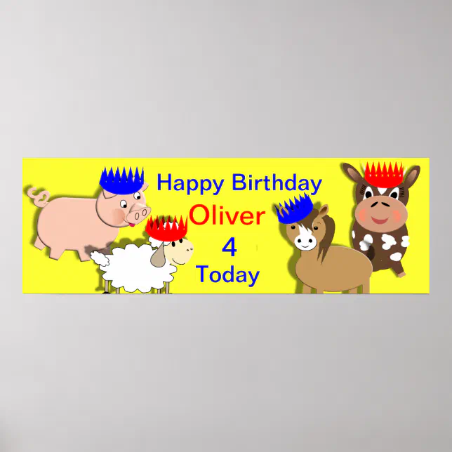 Farm Animals Happy Birthday Personalized Banner Poster | Zazzle