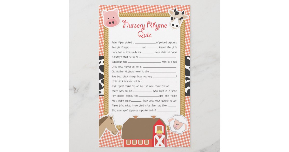 Farm Animals Nursery Rhyme Baby Shower Game | Zazzle