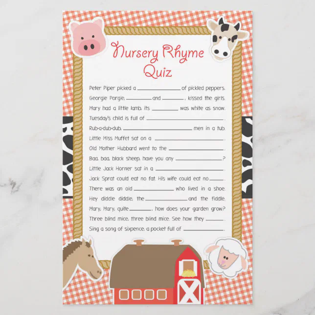 Farm Animals Nursery Rhyme Baby Shower Game | Zazzle