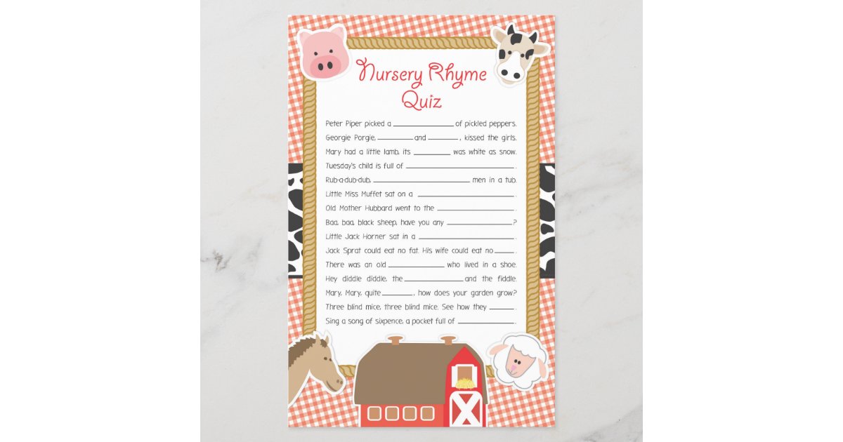 Farm Animals Nursery Rhyme Baby Shower Game | Zazzle