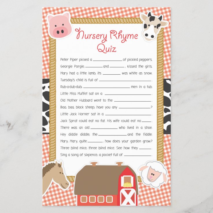 Farm Animals Nursery Rhyme Baby Shower Game | Zazzle