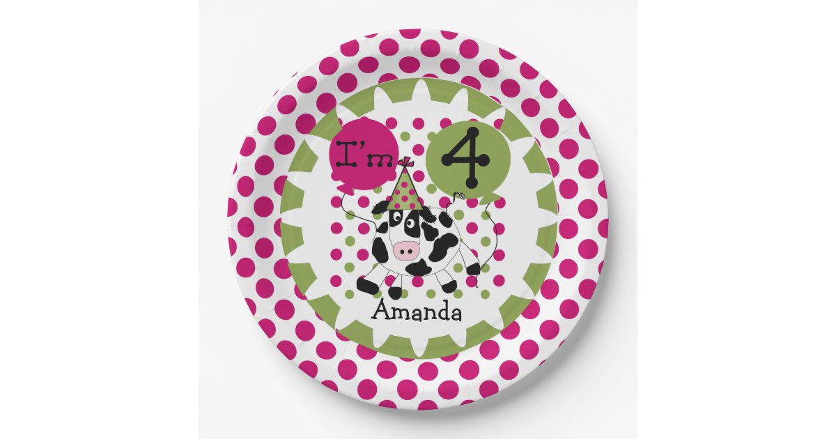 Farm Animals Pink Cow 4th Birthday Paper Plates | Zazzle