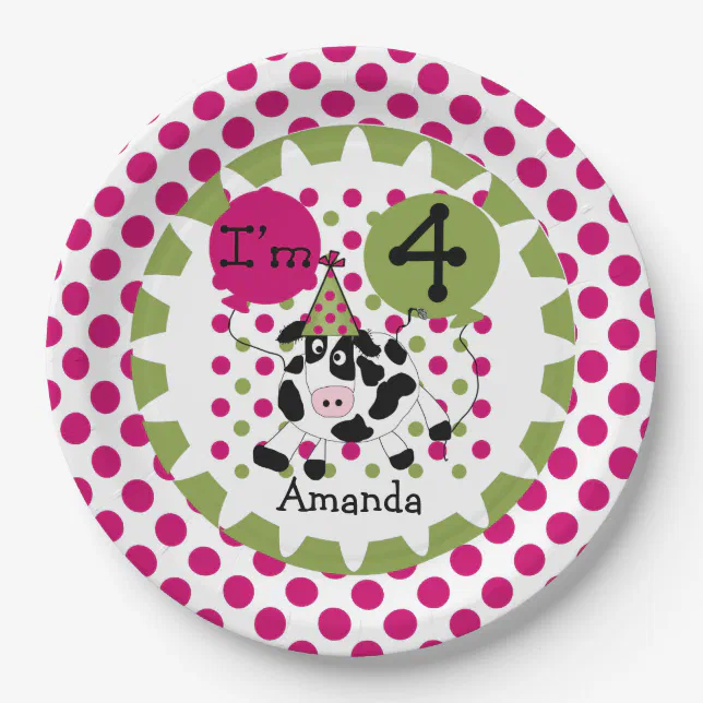 Farm Animals Pink Cow 4th Birthday Paper Plates | Zazzle
