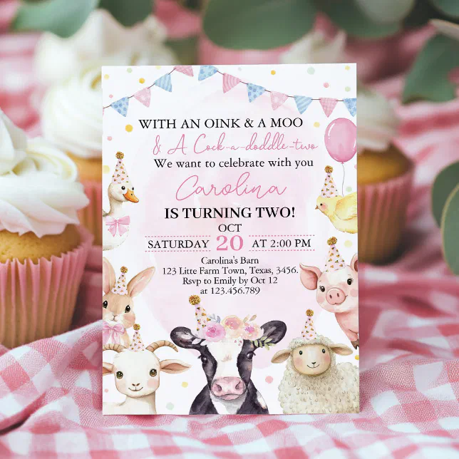 Farm Animals Pink Girl Barnyard 2nd Birthday Invitation | Zazzle