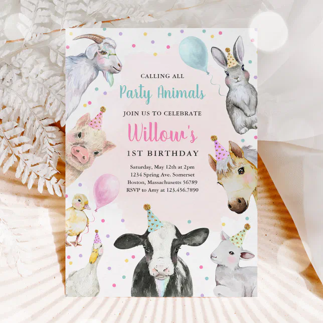 Farm Animals Pink Girl Barnyard Birthday Party Invitation | Zazzle