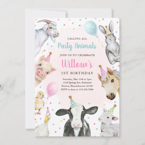 Farm Animals Pink Girl Barnyard Birthday Party Invitation | Zazzle