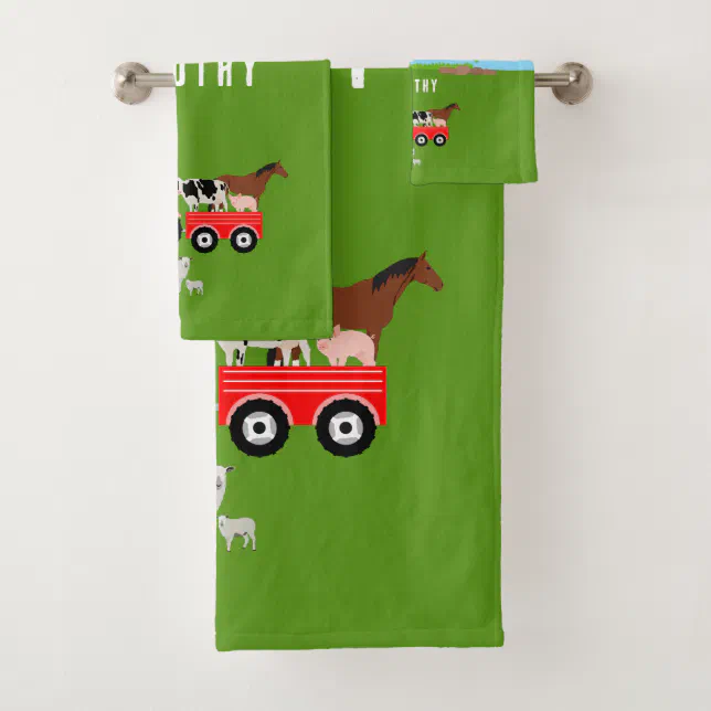 Farm Animals & Red Tractor Barnyard Custom Name Bath Towel Set | Zazzle